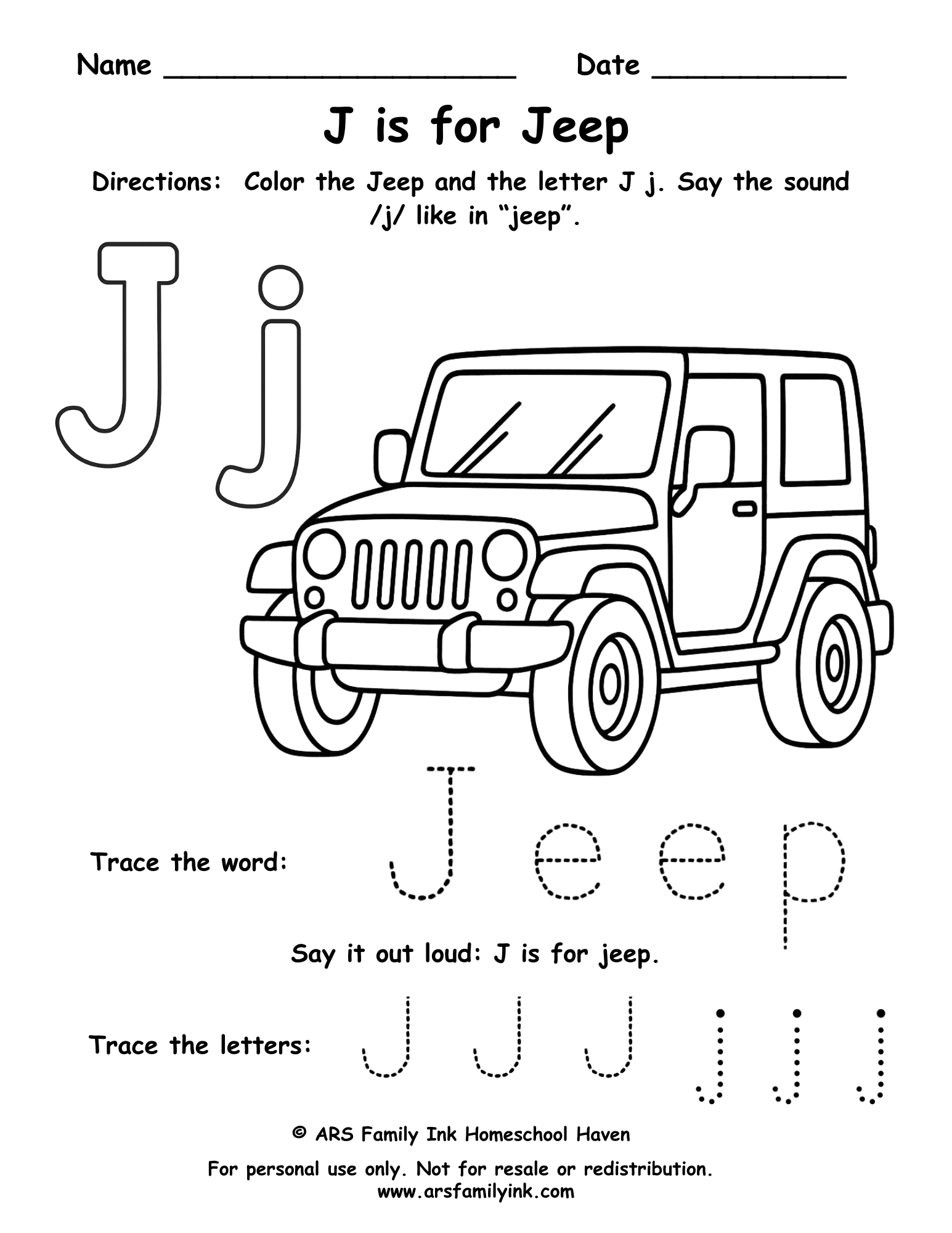 J is for Jeep – Letter J Worksheet (Free Printable for Preschool ...