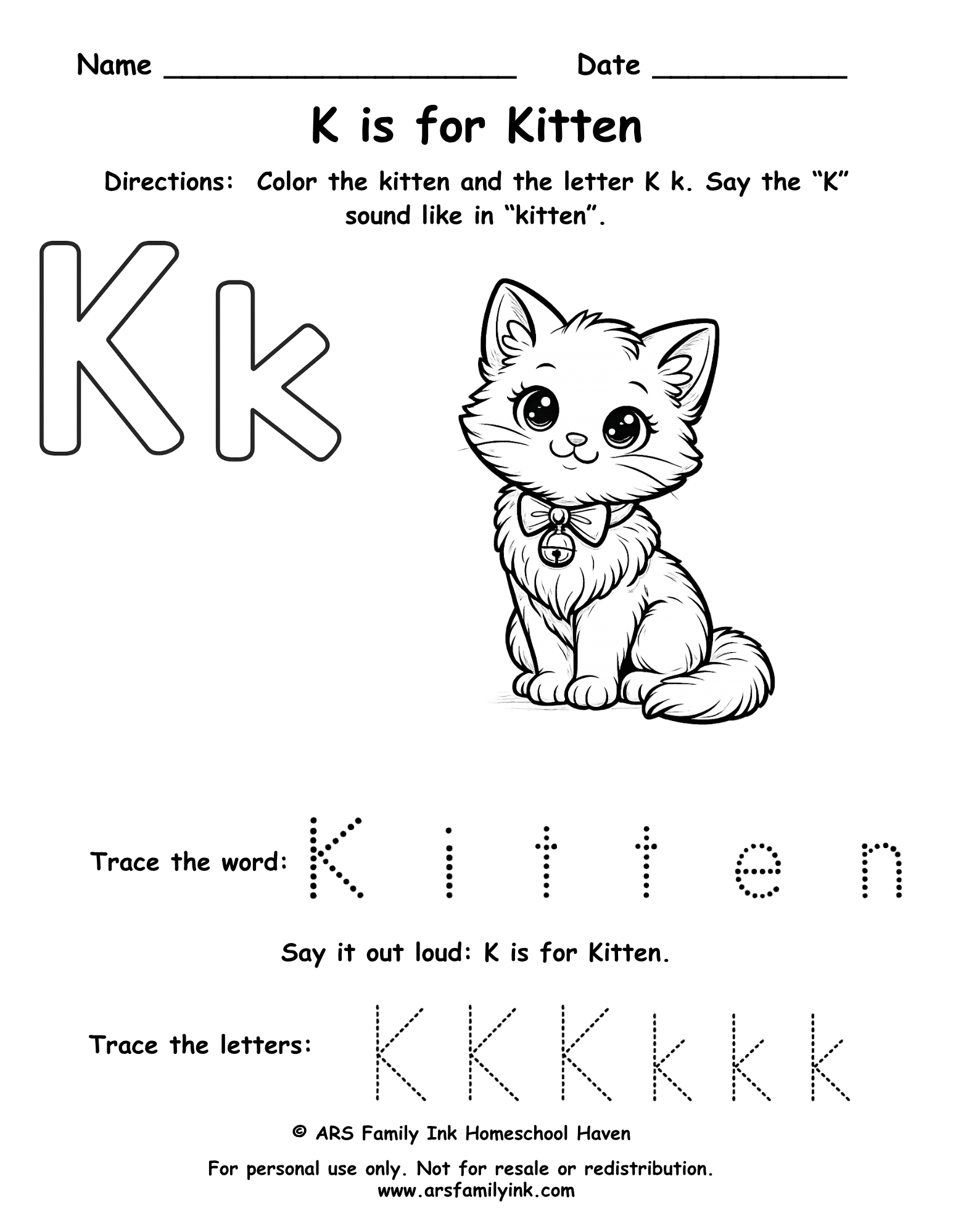 Free Letter K Worksheet – K is for Kitten (Preschool & Kindergarten ...
