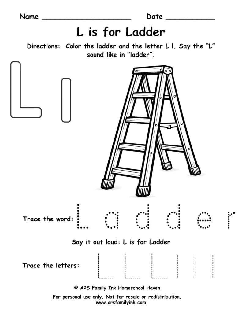 Free Letter L Worksheet – L is for Ladder (Preschool & Kindergarten ...