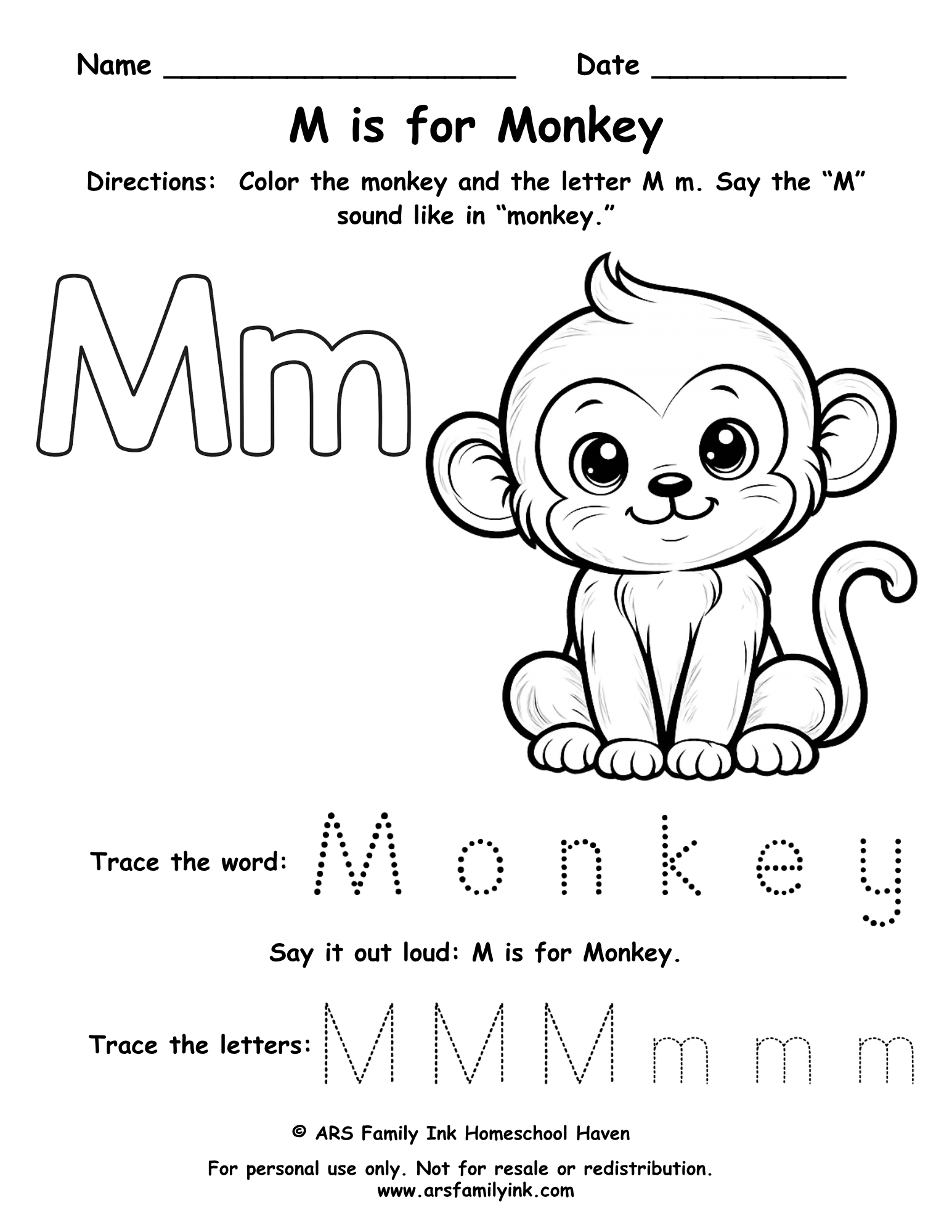 Free Letter M Worksheet – M is for Monkey (Preschool Printable) – ARS ...