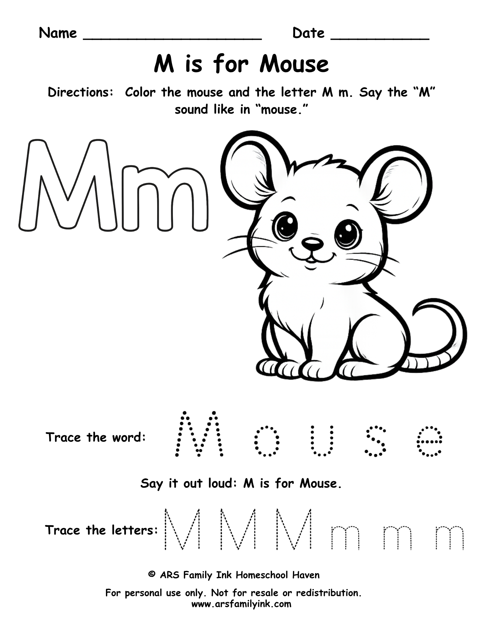 Free Letter M Worksheet – M is for Mouse (Preschool Printable) – ARS ...