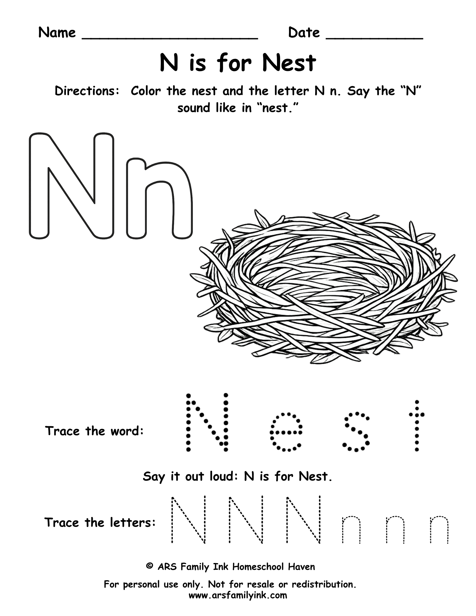 Free Letter N Worksheet – N is for Nest (Preschool Printable) – ARS ...