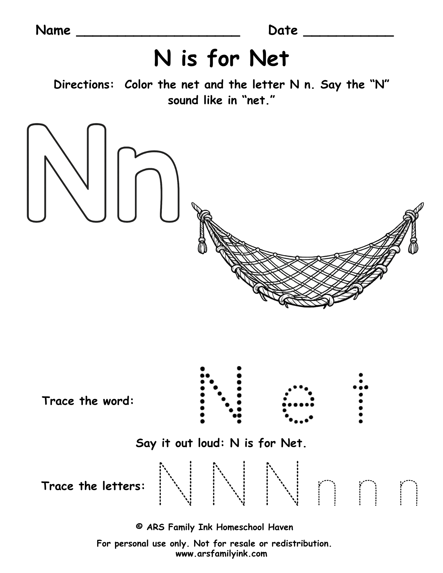 Free Letter N Worksheet – N is for Net (Preschool Printable) – ARS ...