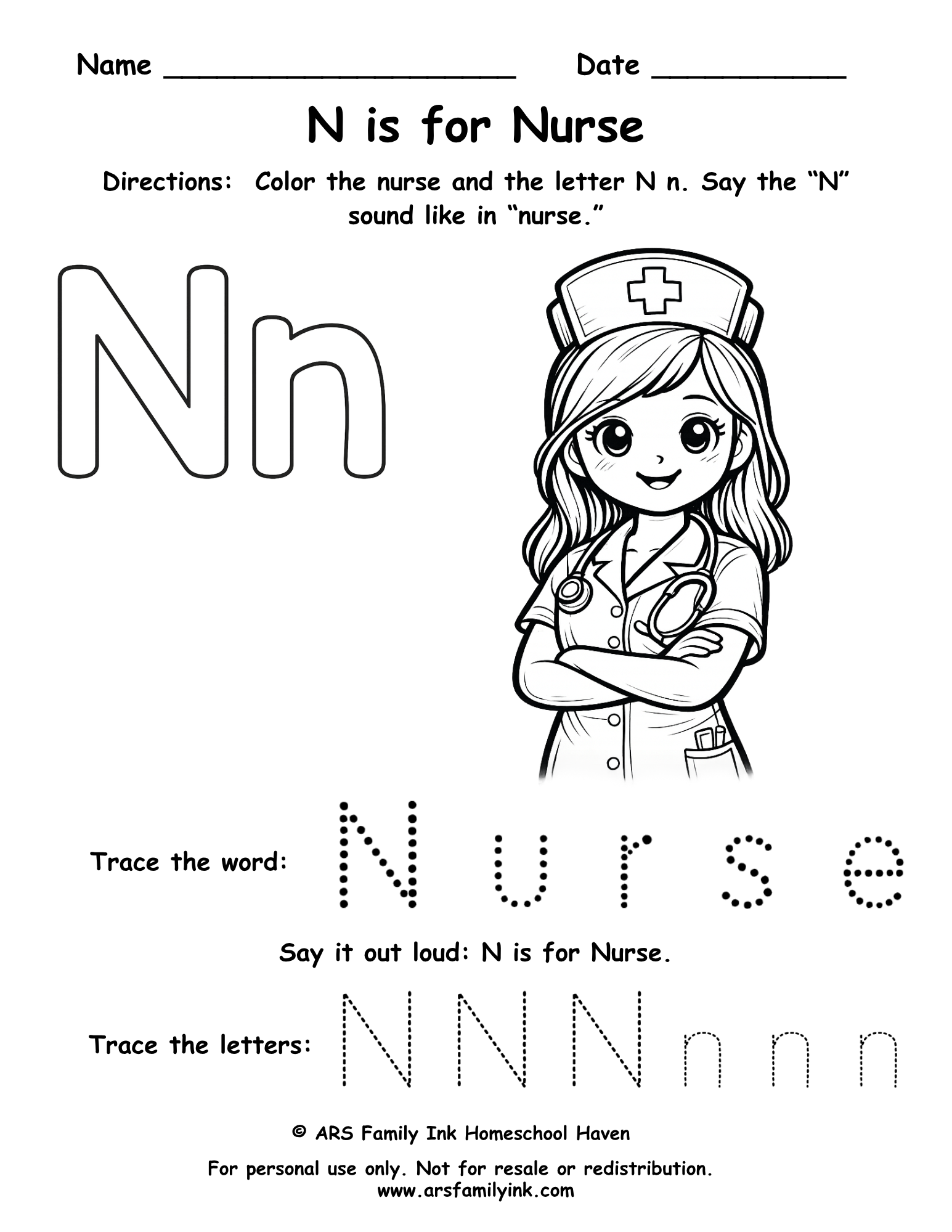 Free Letter N Worksheet – N is for Nurse (Preschool Printable) – ARS ...