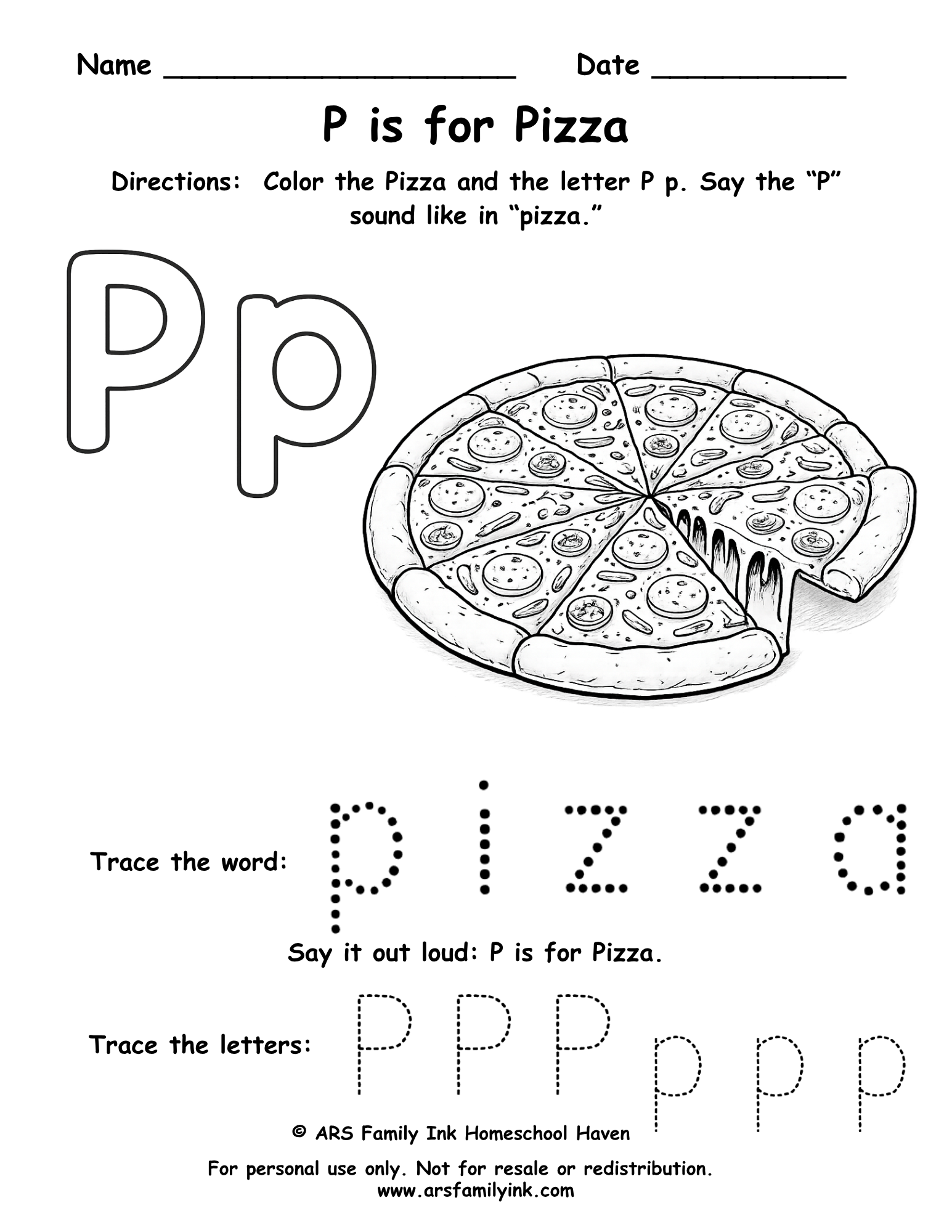 Free Letter P Worksheet – P is for Pizza (Preschool Printable) – ARS ...