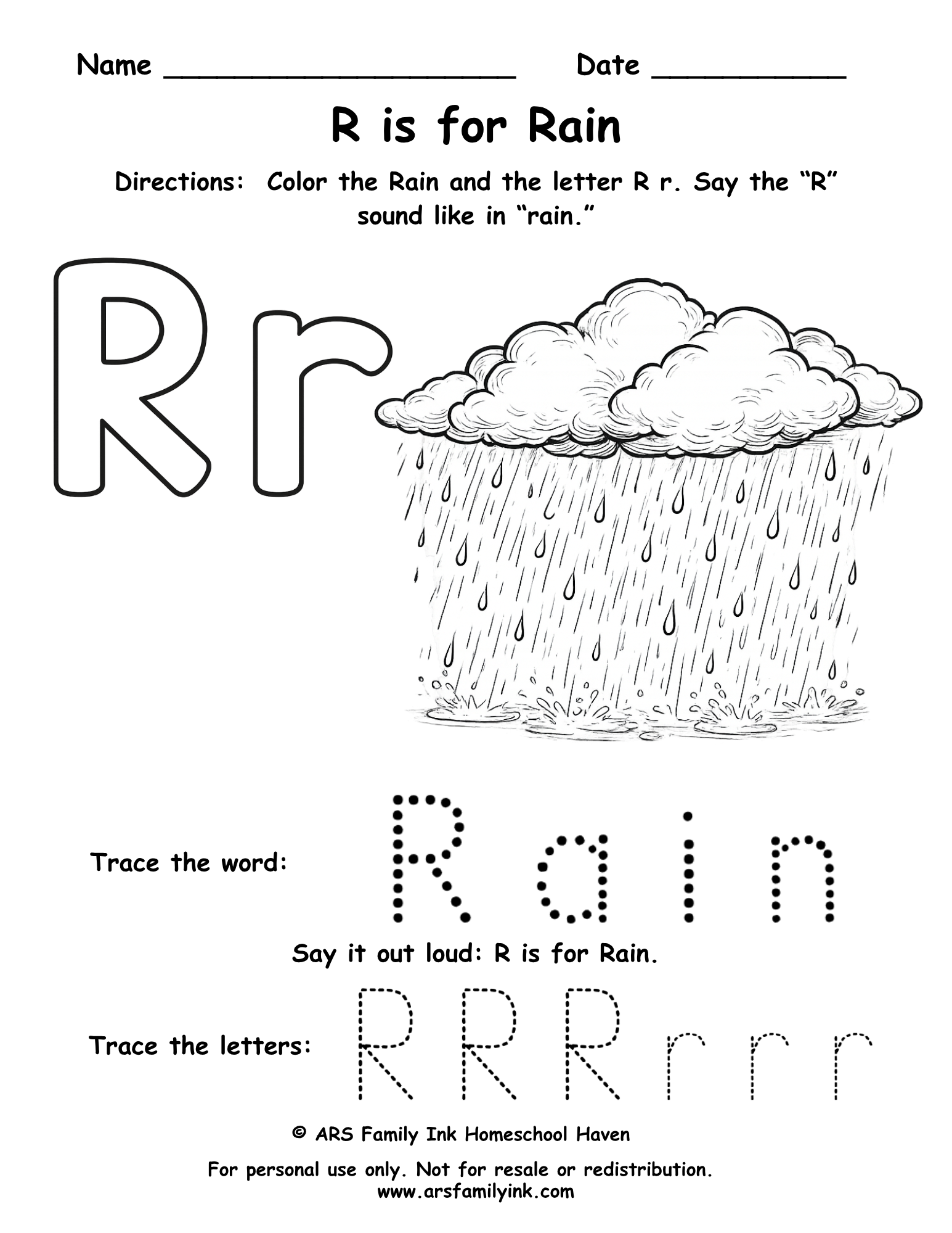 Free Letter R Worksheet – R is for Rain – ARS Family Ink Homeschool Haven