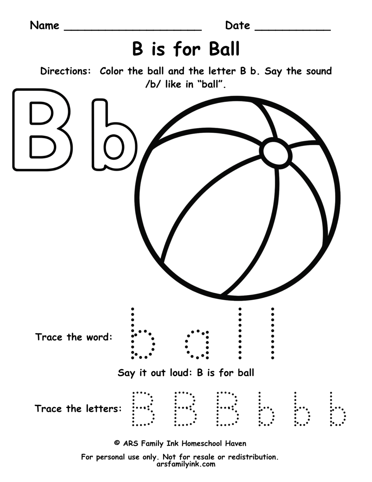 B is for Ball Worksheet (Free Letter B Printable for Preschool ...