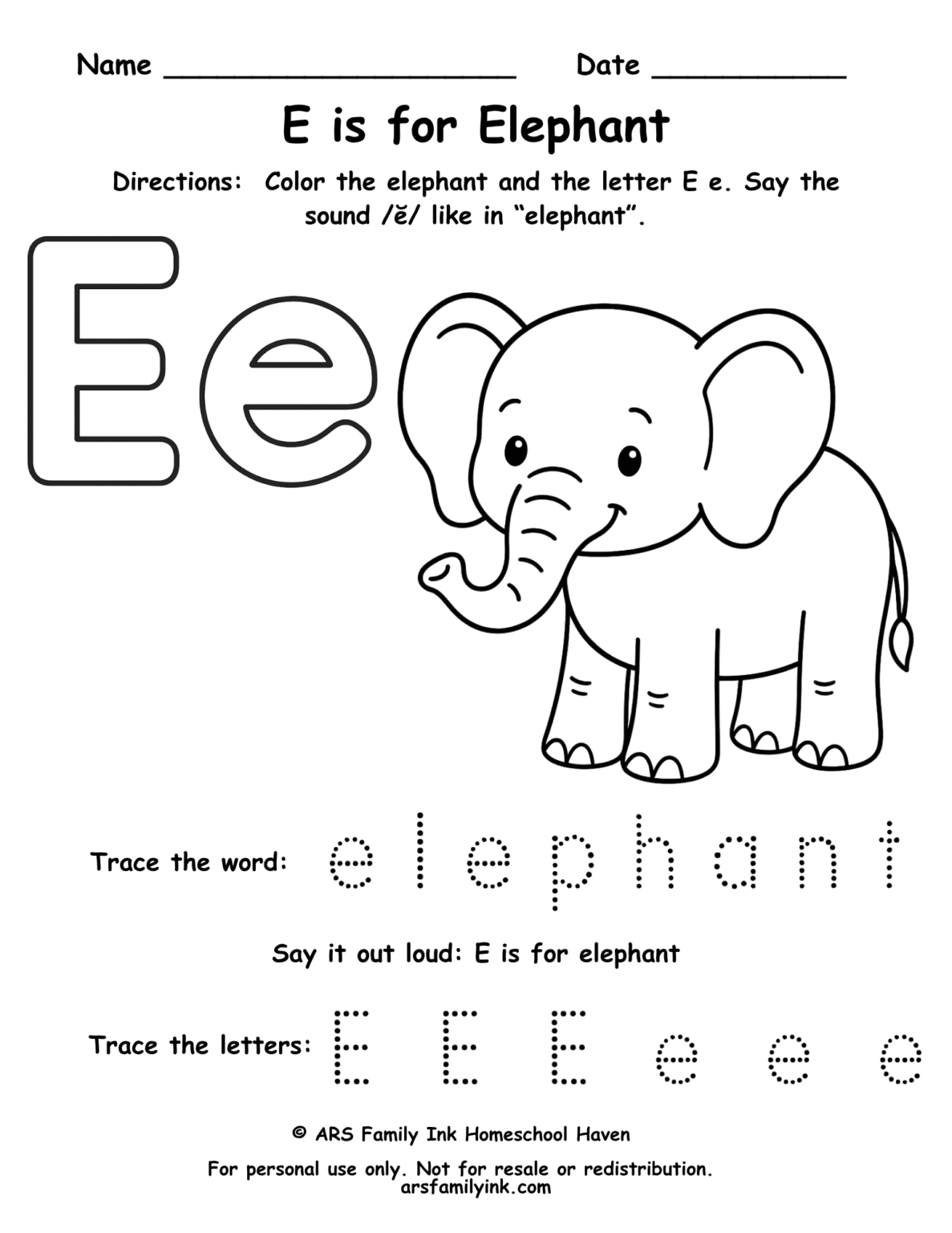 E is for Elephant – Letter E Tracing Worksheet (Free Printable for ...