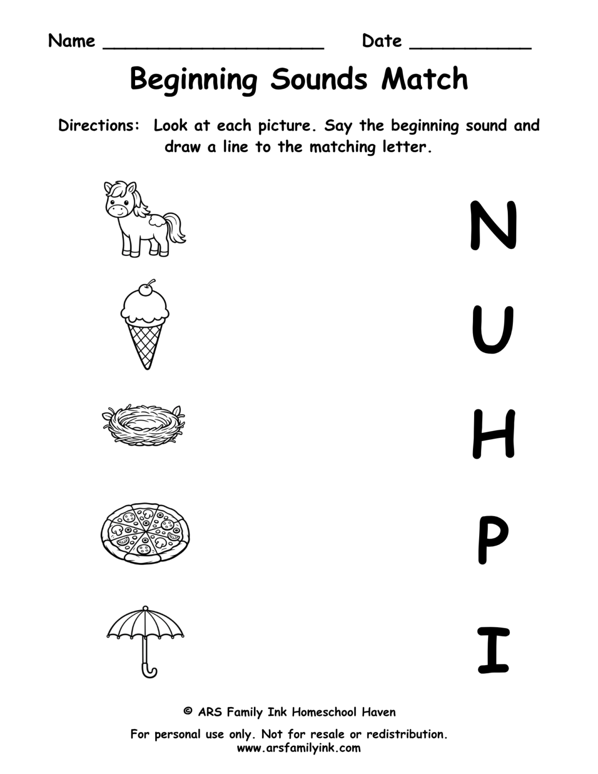 Beginning Sounds Match Worksheet Page 7 – ARS Family Ink Homeschool Haven